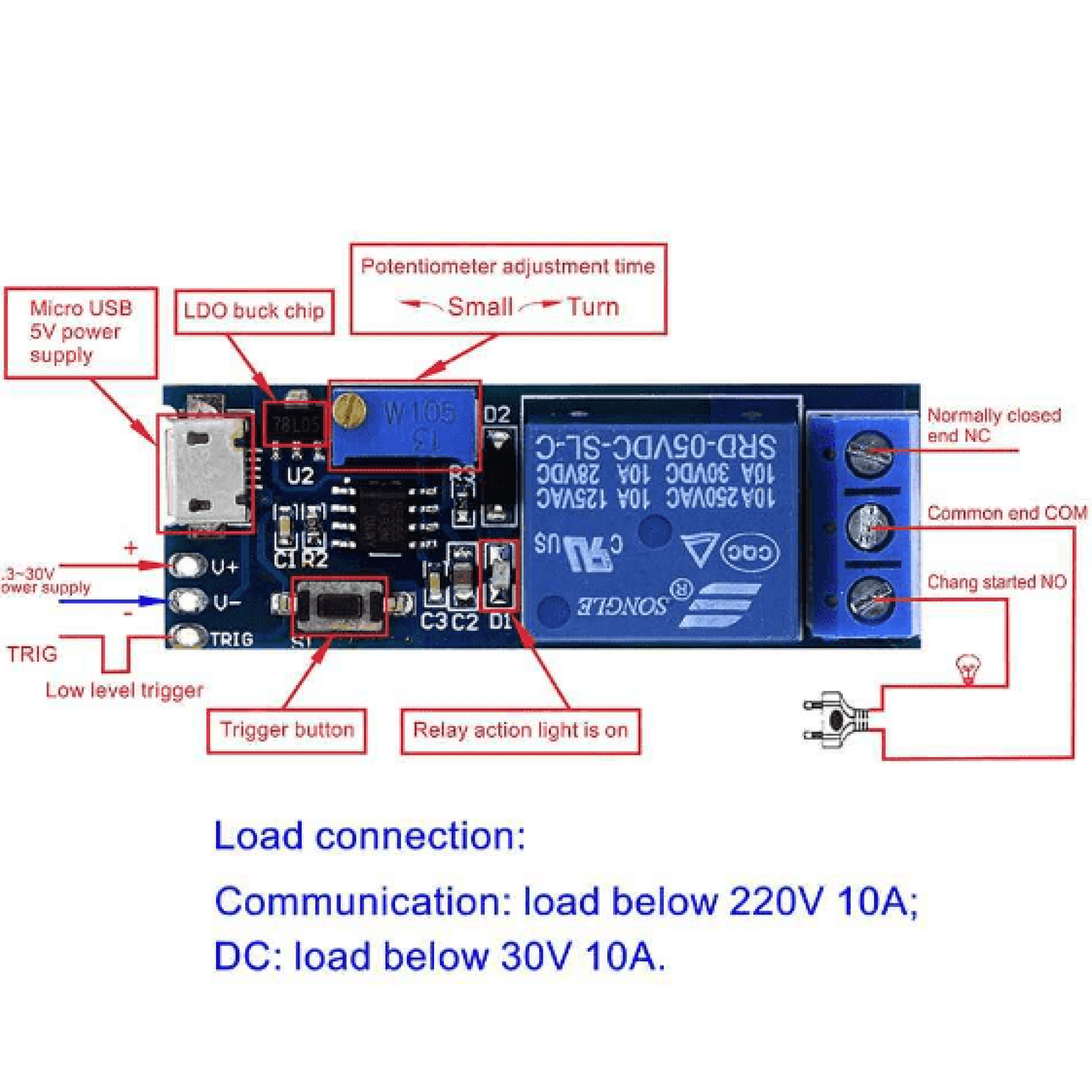 5V 30V Trigger Delay Timer Relay Conduction Relay Module Time Delay 